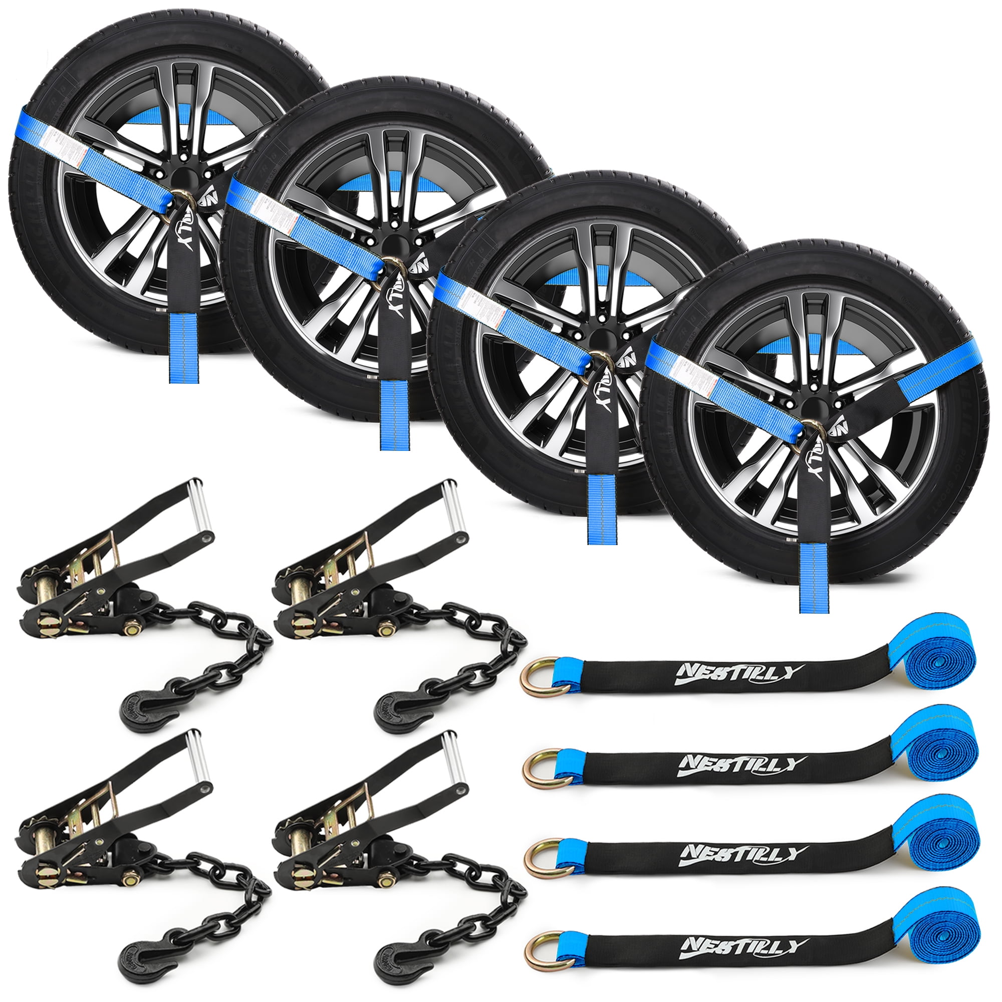 4 Pack Reflective Wheel Tie Down Straps for Trailers,Tire Ratchet Strap ...