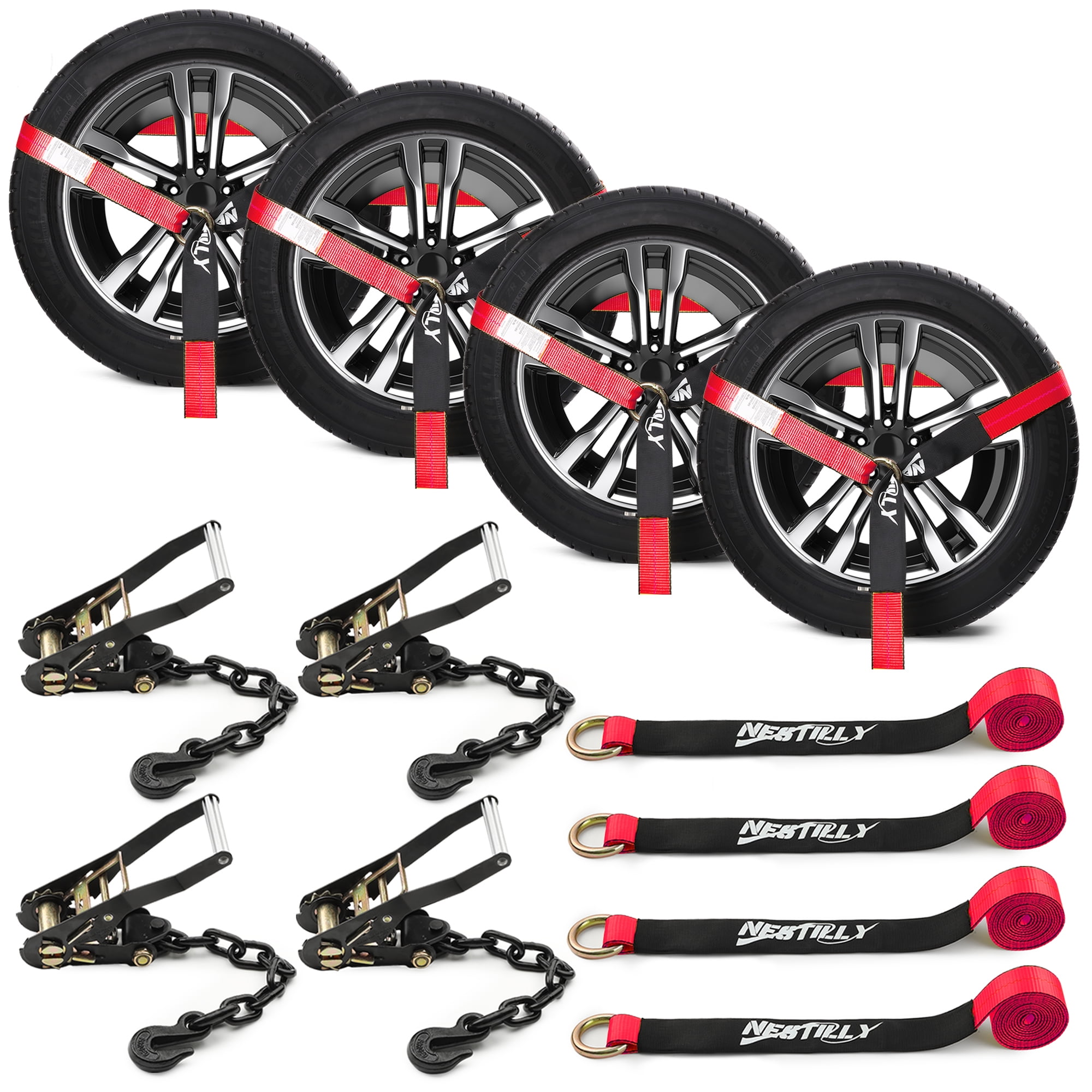 4 Pack Reflective Wheel Tie Down Straps for Trailers,Tire Ratchet Strap ...