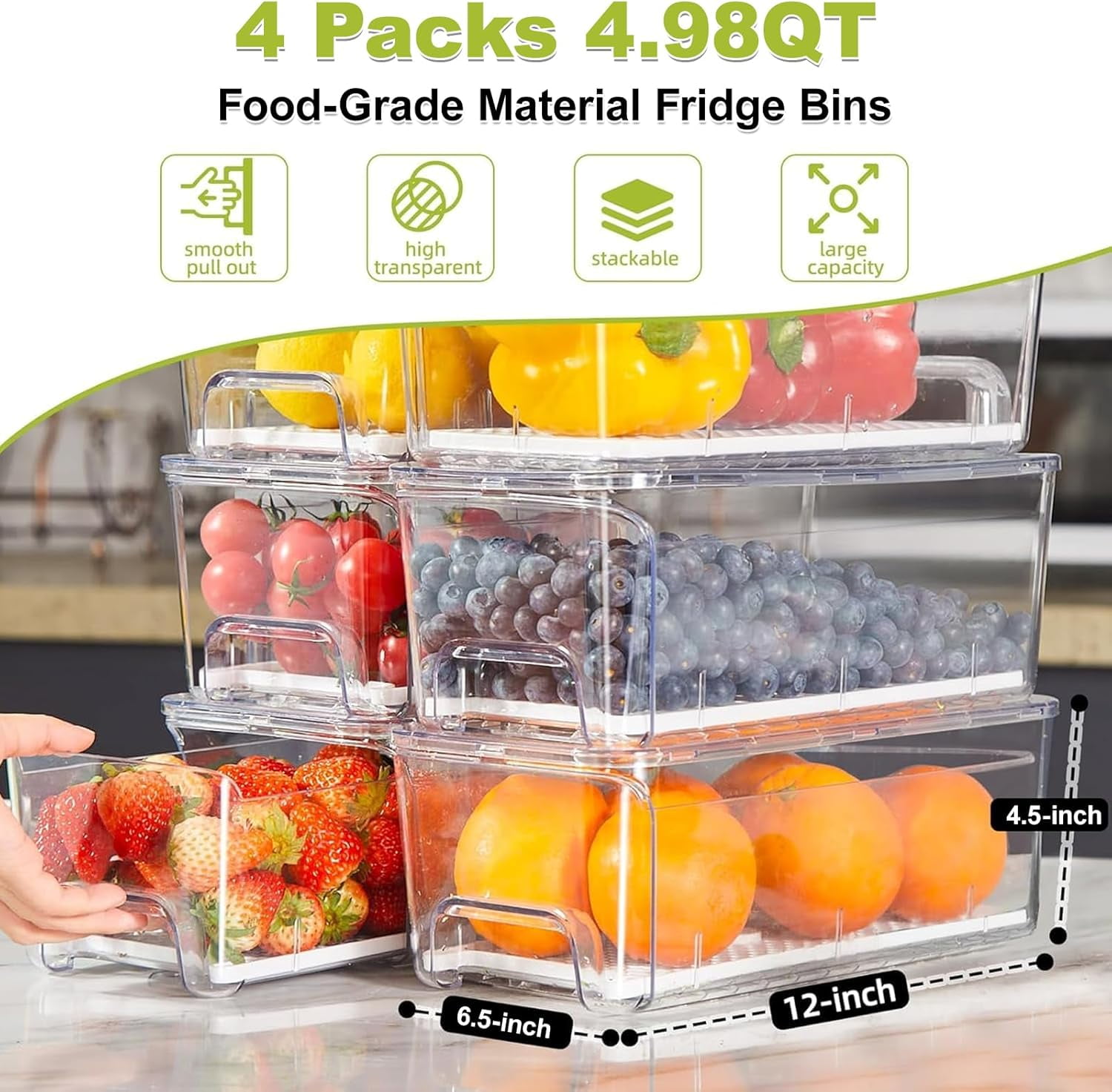 4-Pack Refrigerator Drawer Organizer Bins, Clear Stackable Pull Out ...