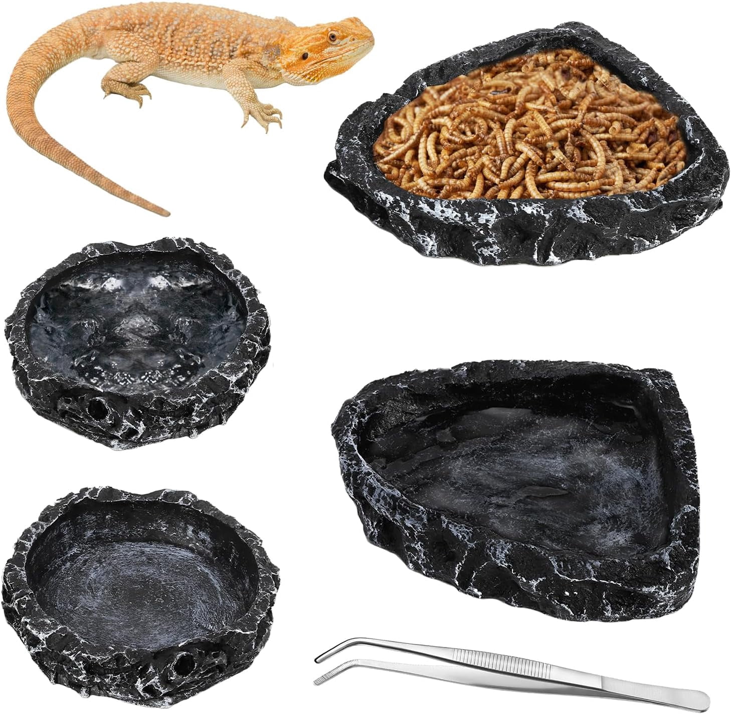 4 Pack Reptile Food Dish with Feeding Tongs, Resin Reptile Water Dish ...