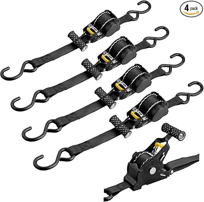 4-Pack Retractable Ratchet Straps - 1 Inch x 10 Feet (1500lb Break ...