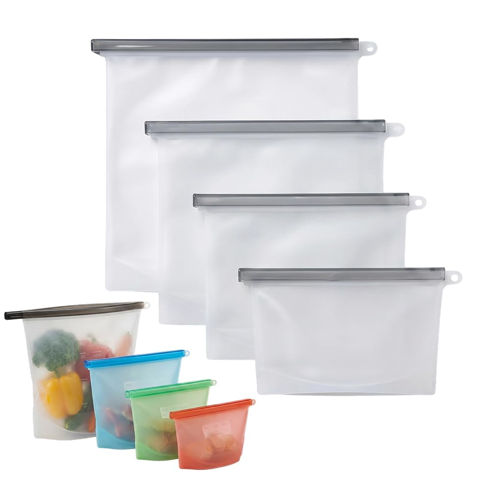 4 Pack Reusable Silicone Food Storage Bags for Meal Prep and Leftovers ...