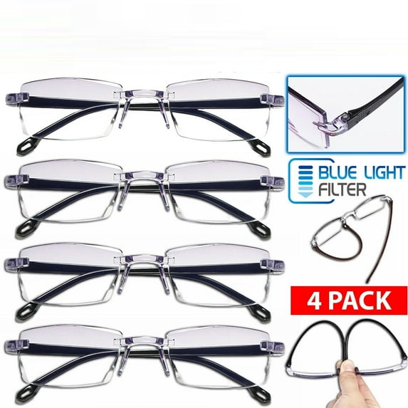 4-Pack Rimless Blue Light Reading Glasses for Men & Women, Rectangular ...