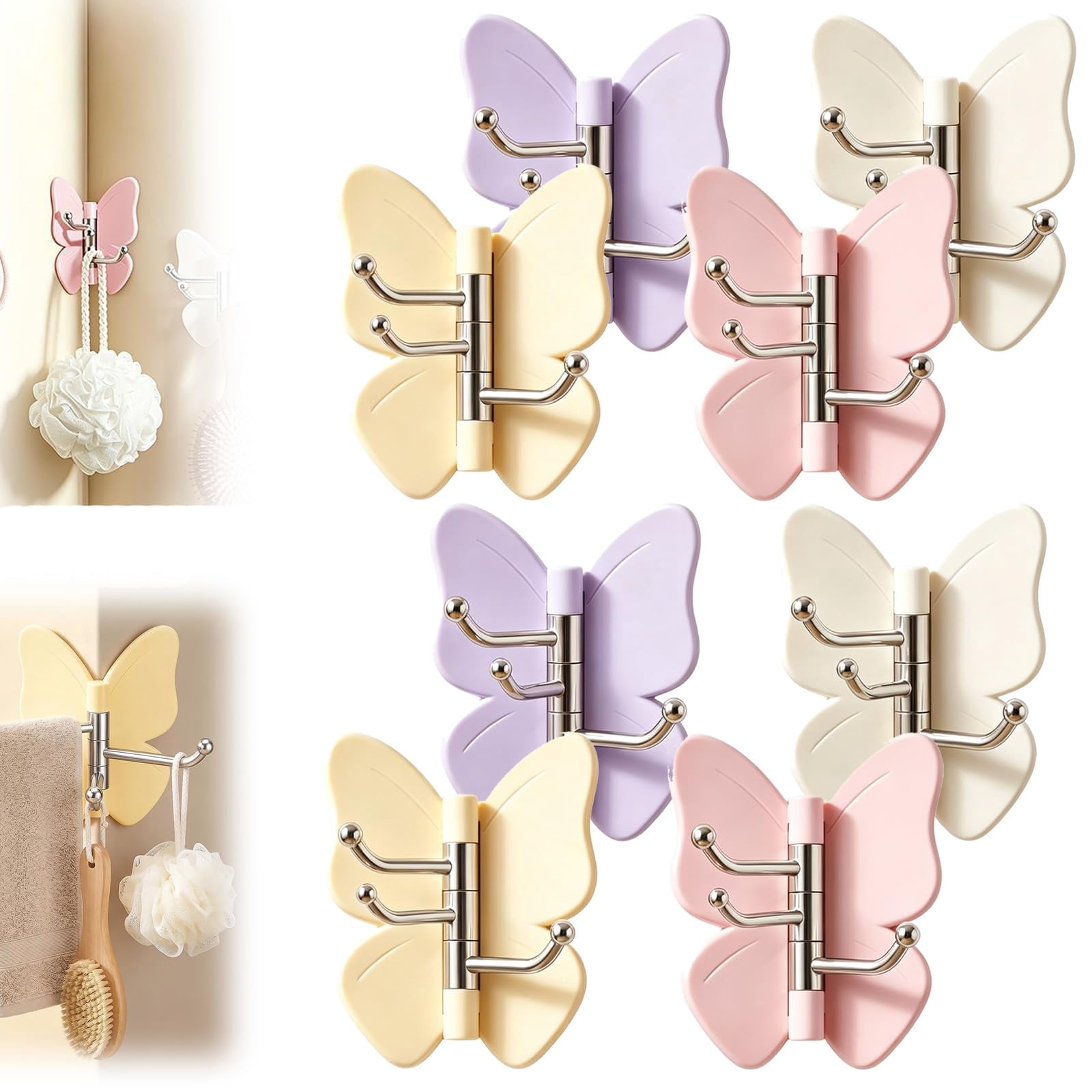 4 Pack Rotating Butterfly Adhesive Wall Hooks, No Drill 270° Swivel 3 ...