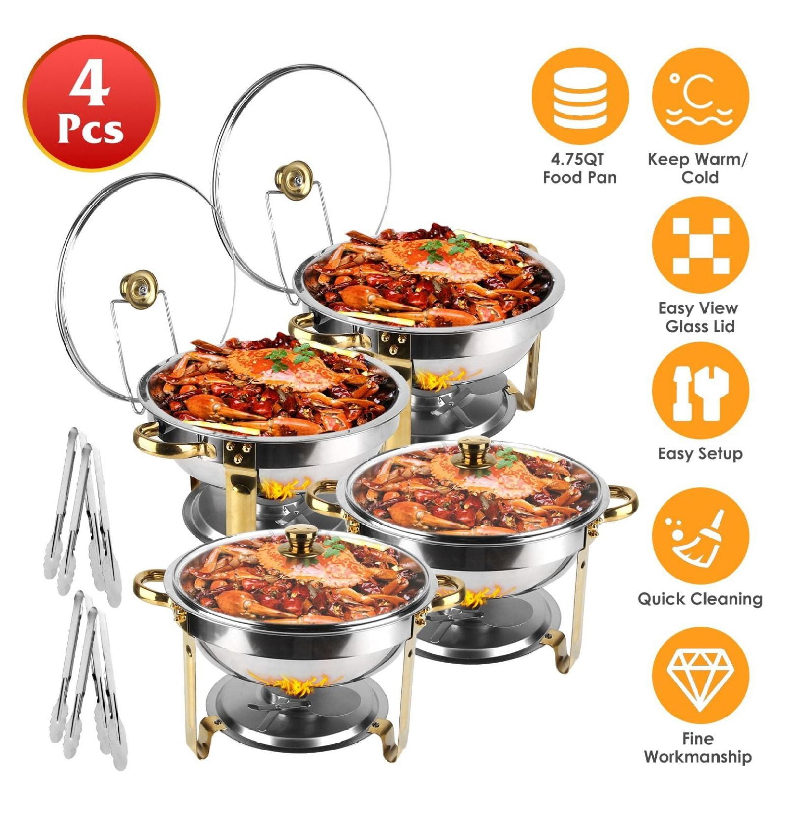 4 Pack Round Chafing Dish Buffet Set,Stainless Steel 4.76QT Round ...