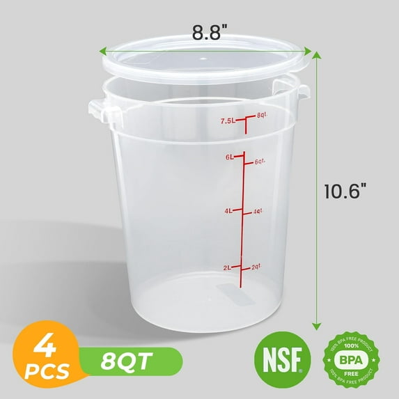 4 Pack Round Food Storage Containers with Lids, 8Qt Translucent ...