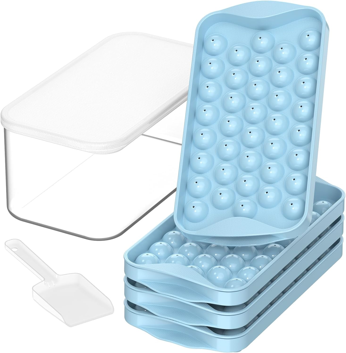 4 Pack Round Ice Cube Trays with lid and Bin, Easy Pop Out with Cover ...