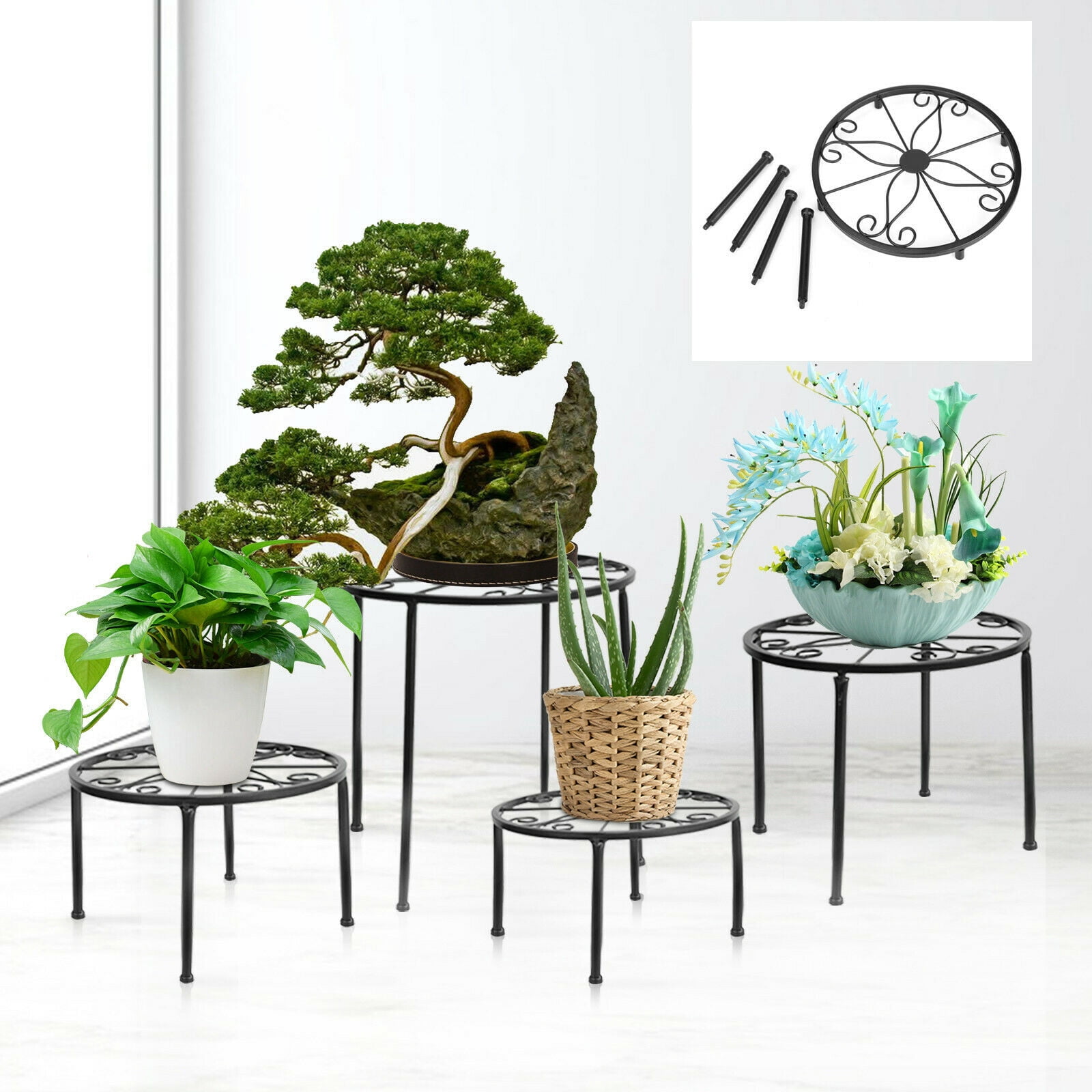 4 Pack Round Nesting Plant Stand with Scroll Pattern Black, Iron Potted ...