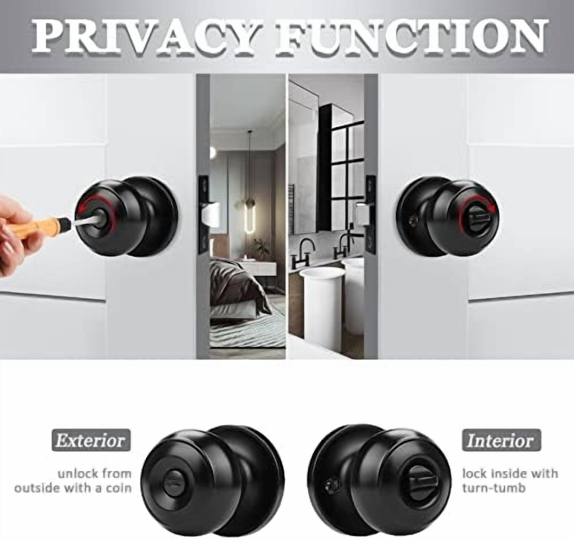 (4 Pack Round Privacy Door Knob (Thumb Turn Lock on The Inside ...