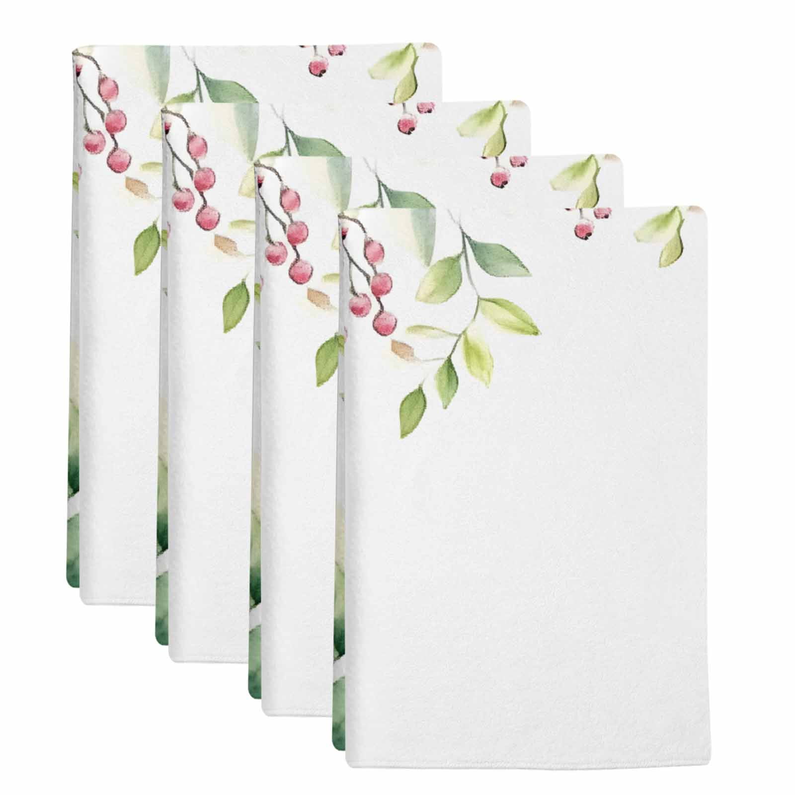 4 Pack Rustic Green Kitchen Towels Eucalyptus Leaf Red Fruit Watercolor ...