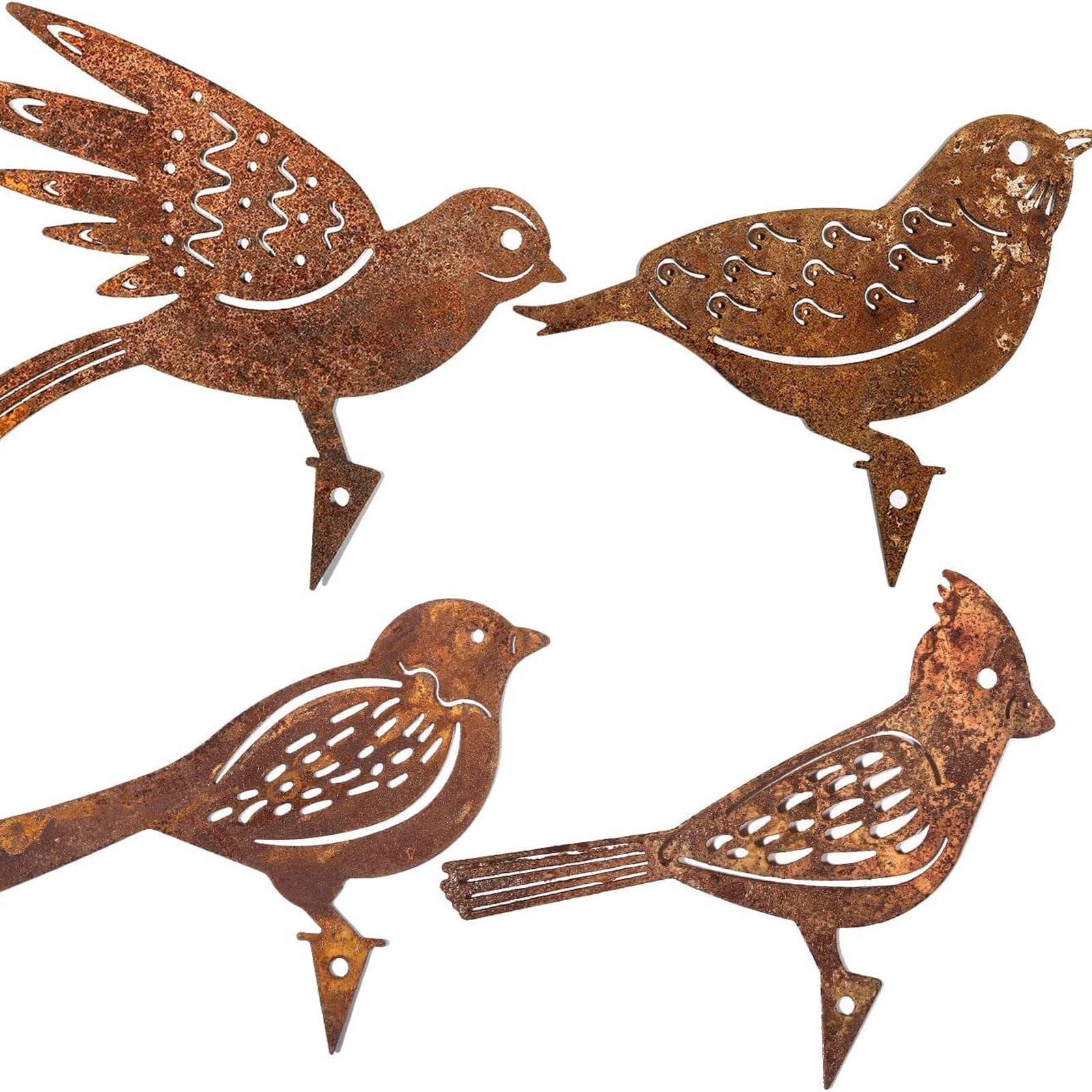 4 Pack Rustic Metal Bird Garden Stakes, Iron Bird Decor With Natural ...