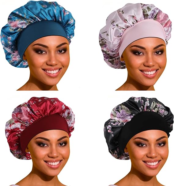 4 Pack Satin Bonnet Hair Bonnet for Sleeping-Large Silk Bonnets for ...