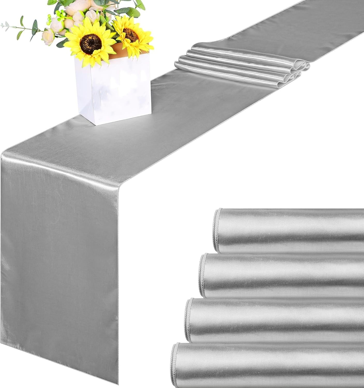 4 Pack Satin Silver Gray Table Runners 12x108 Inch Long, Wedding ...
