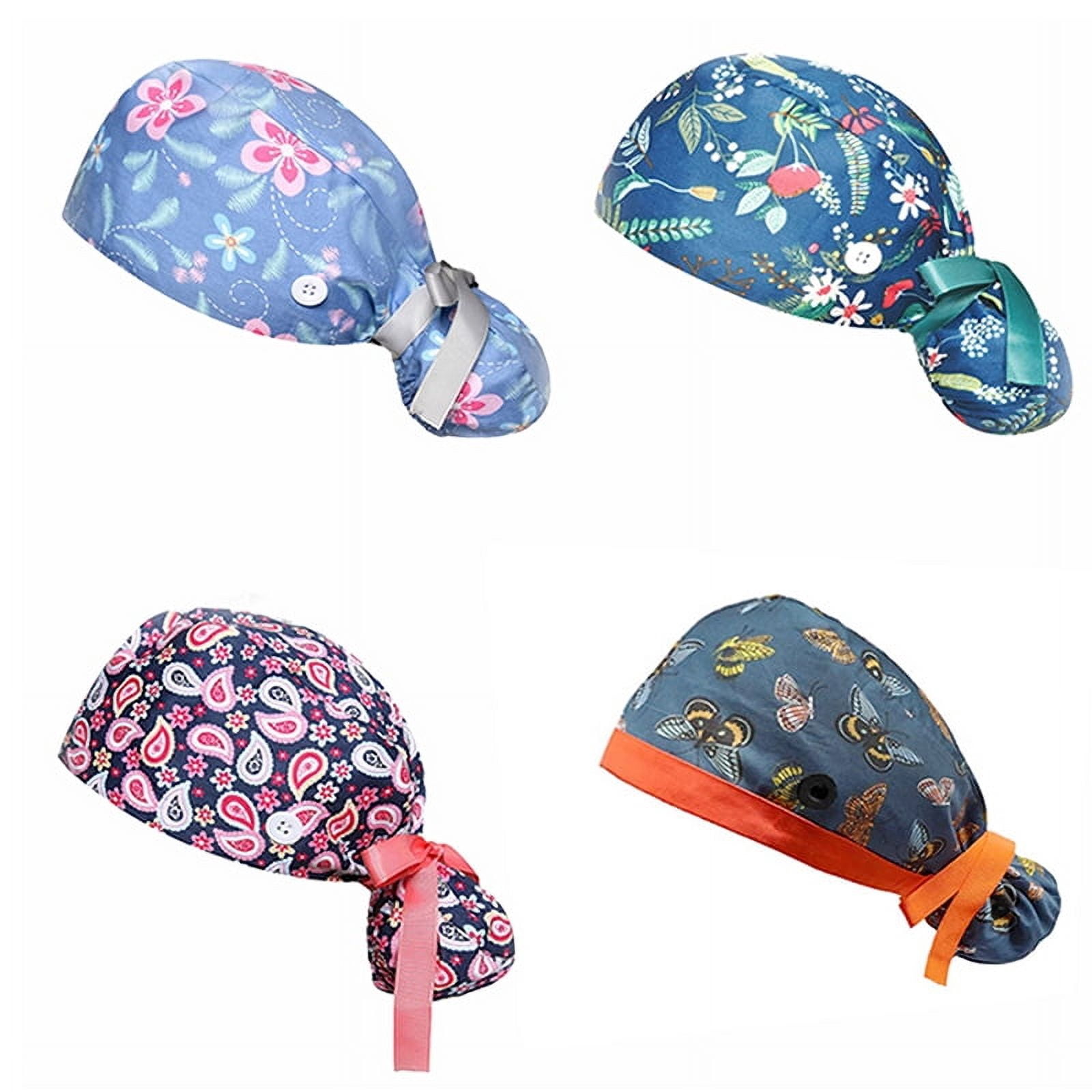 4 Pack Scrub Caps for Women Surgical Caps Nurse Hat Functional Ponytail ...