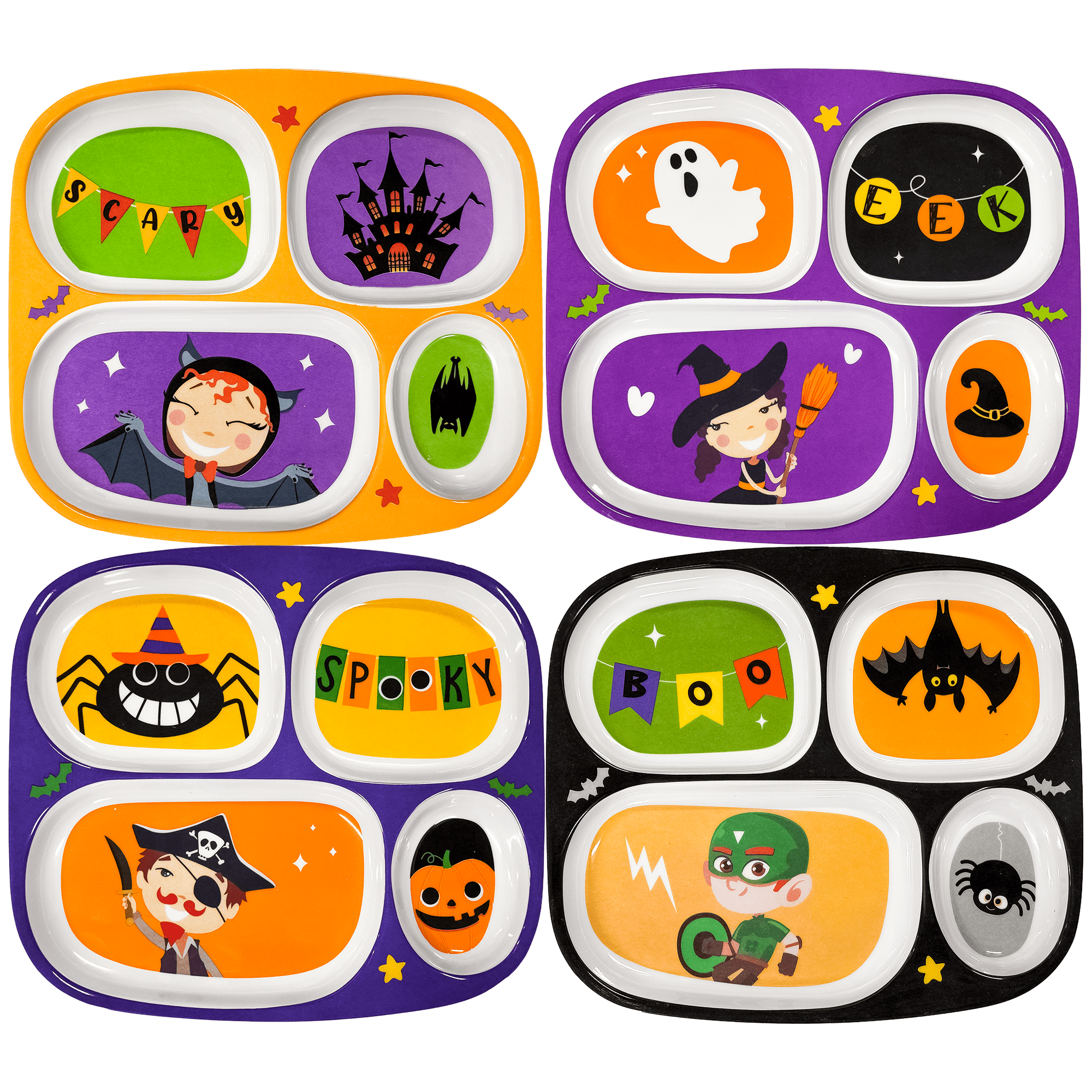4 Pack Sectional Melamine Children's Plates: Halloween w/Bat, Spider ...