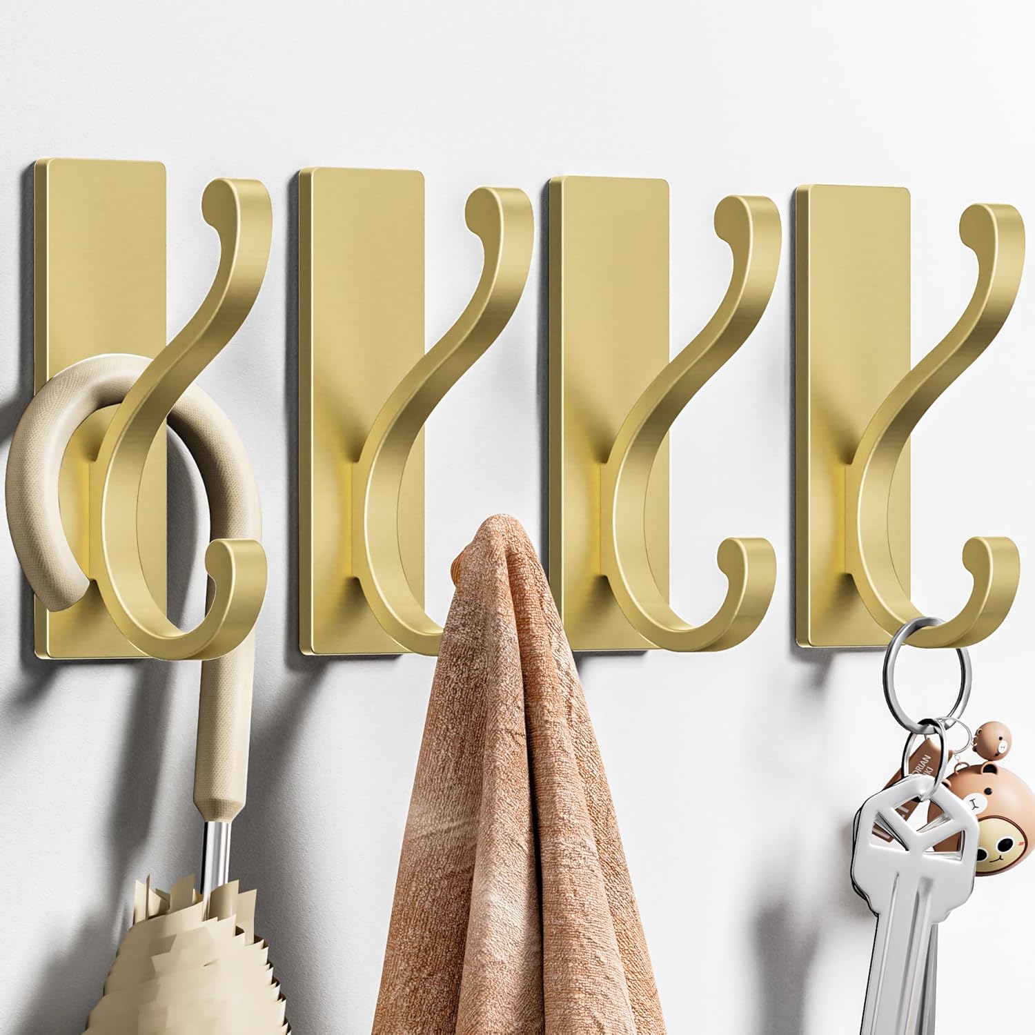 4 Pack Self Adhesive Coat Hooks - Gold Sticky Hangers Wall Mount, Holds ...