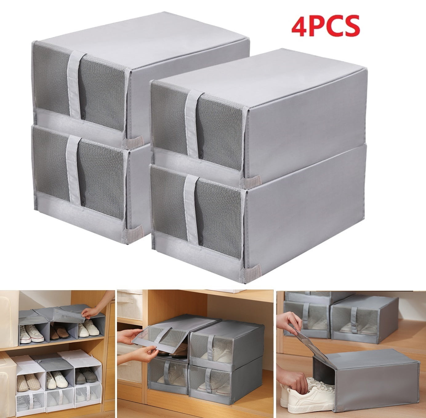 4 Pack Shoe Organizer Boxes with Mesh Magic Tape Lid Handle, Foldable ...