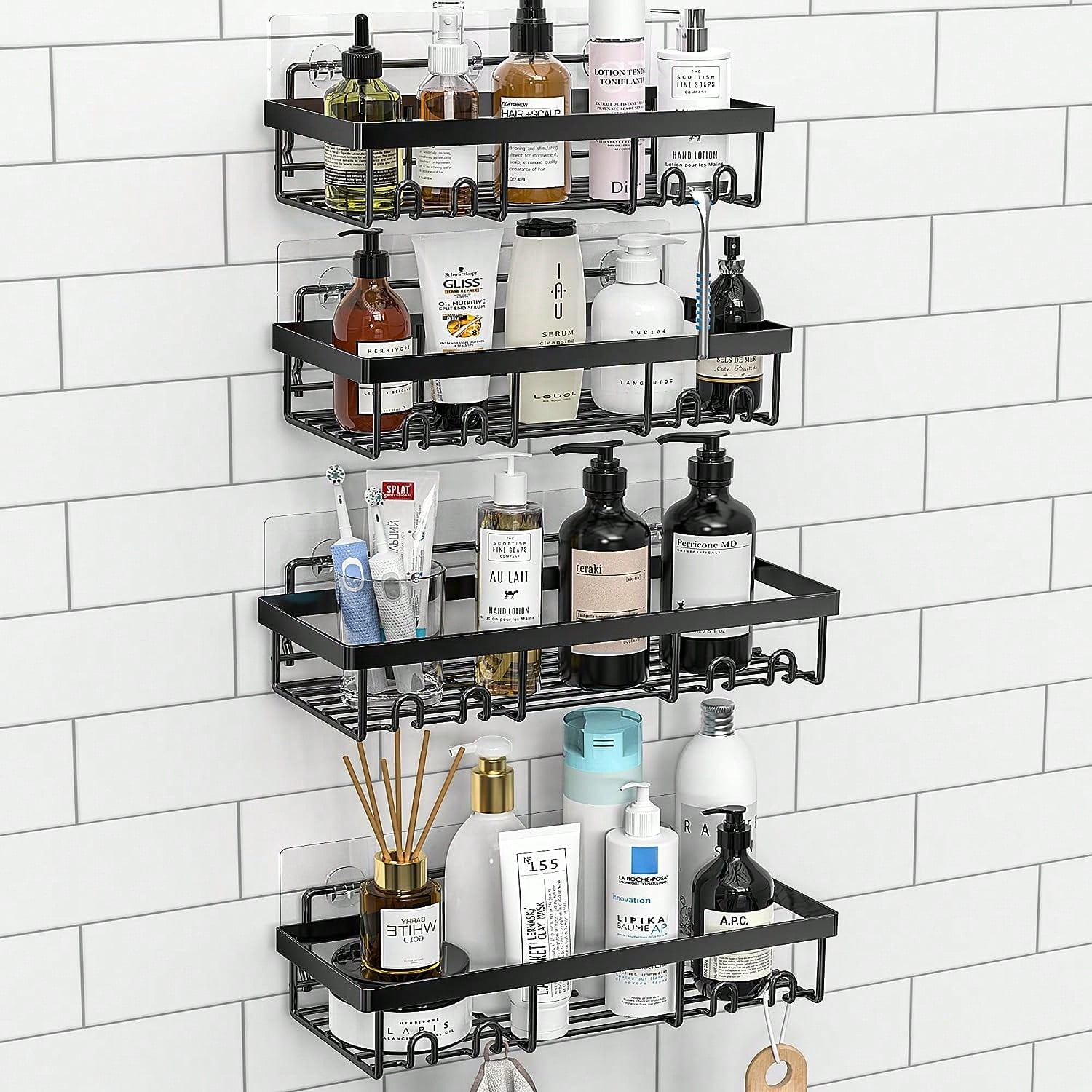 4-Pack Shower Caddy Organizer - Adhesive Black Stainless Steel, Hanging ...