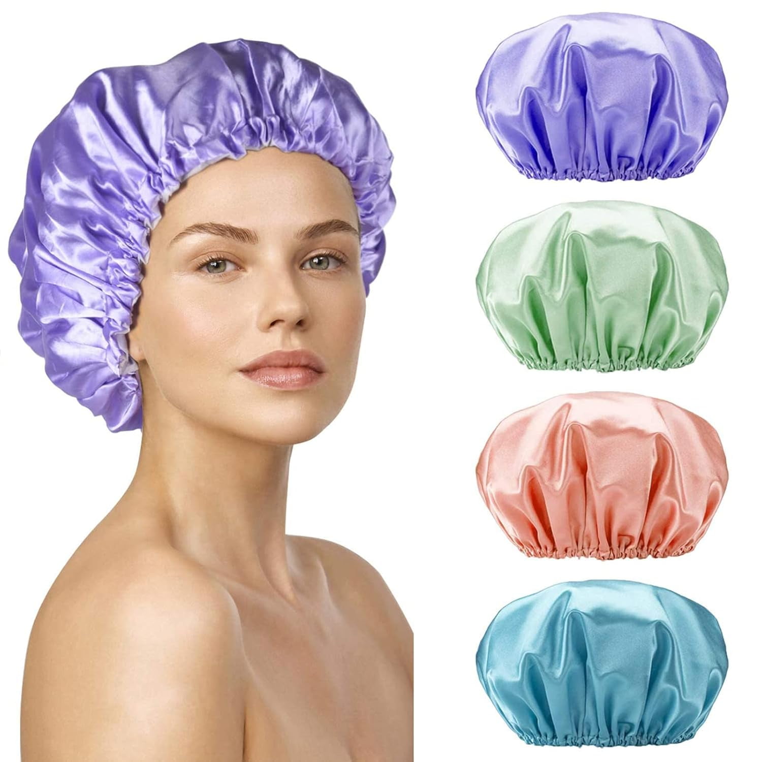 4 Pack Shower Caps, Double Waterproof Layers Reusable Bath Caps for ...