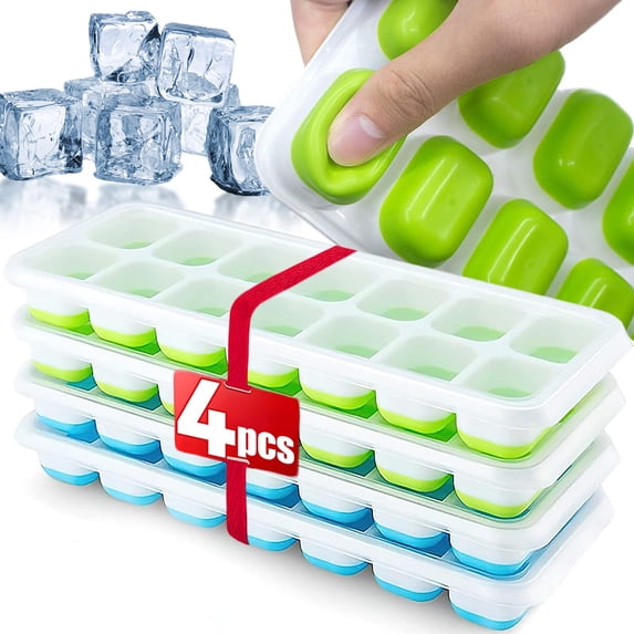 4 Pack Silicone Ice Cube Tray with Lid, Easy Release Flexible Ice Cube ...