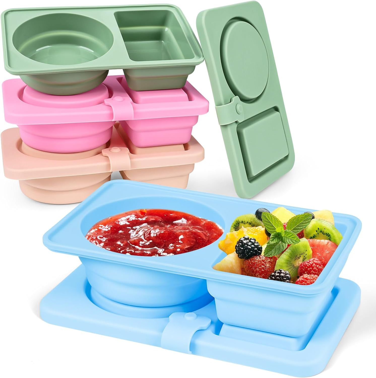 4-Pack Silicone Reusable Snack Boxes with Lids | Double-compartment ...