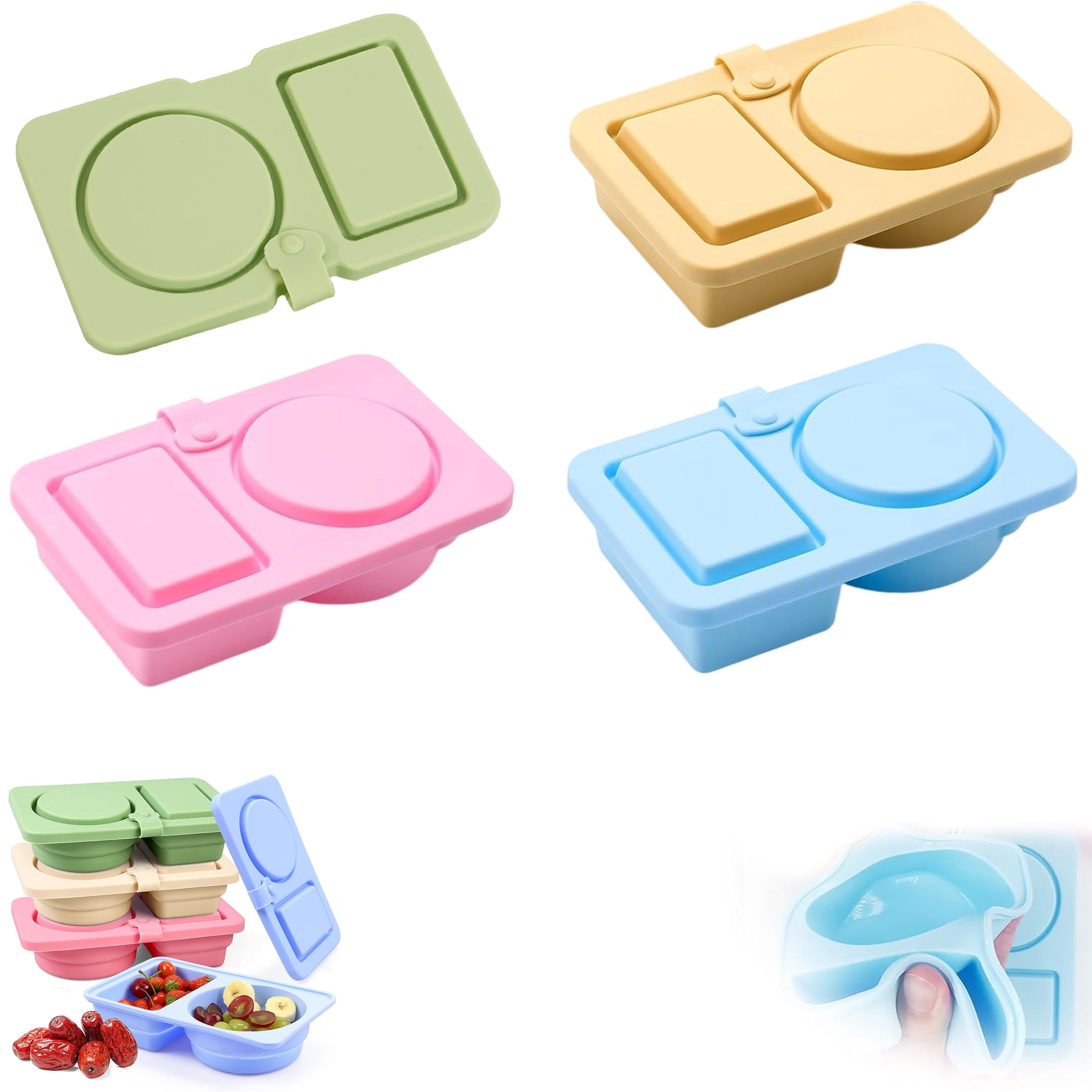 4-Pack Silicone Reusable Snack Containers with Lids,Double Compartment ...