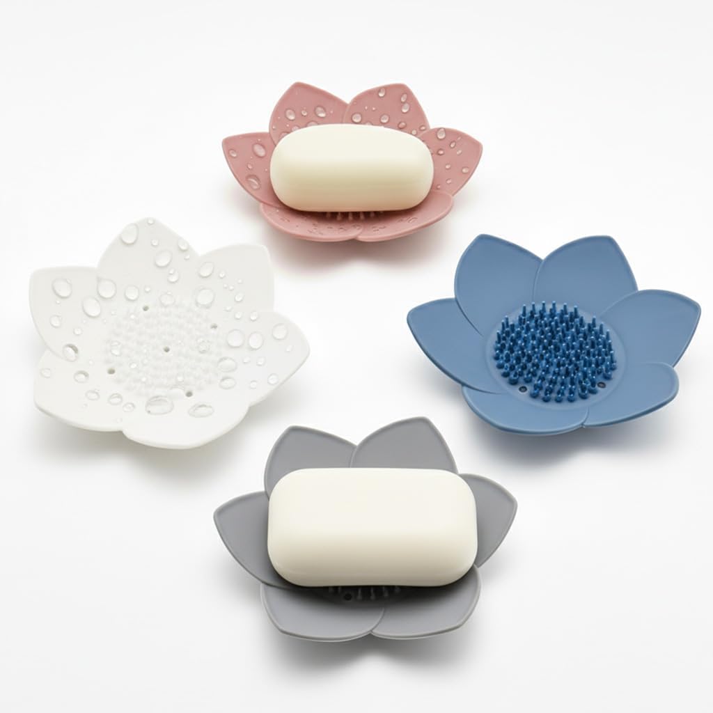 4 Pack Silicone Soap Trays, Small Soap Dish for Shower, Flower Shaped ...