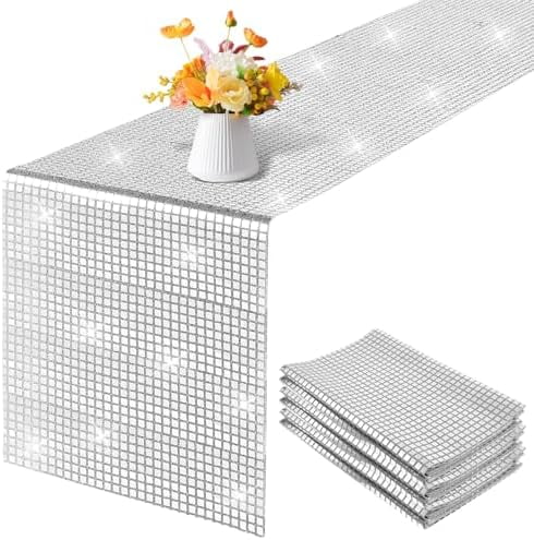 4 Pack Silver Glitter Disco Table Runner, 11.8x70.87 Inch Mirror Sequin ...