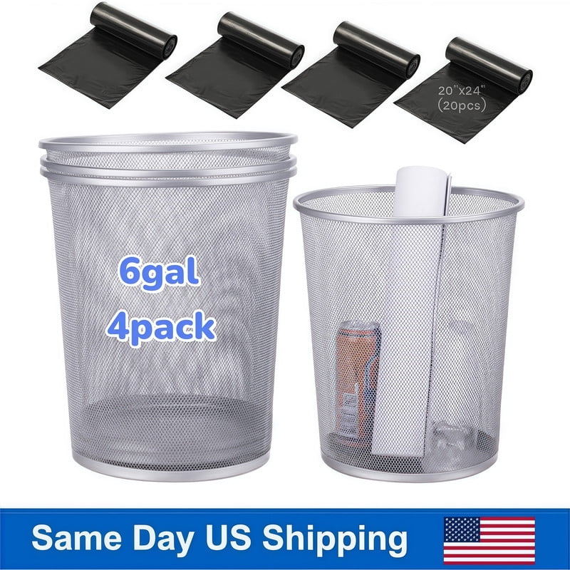 4 Pack Silver Mesh Office Trash Cans, 6 Gallon Commercial Grade Waste ...