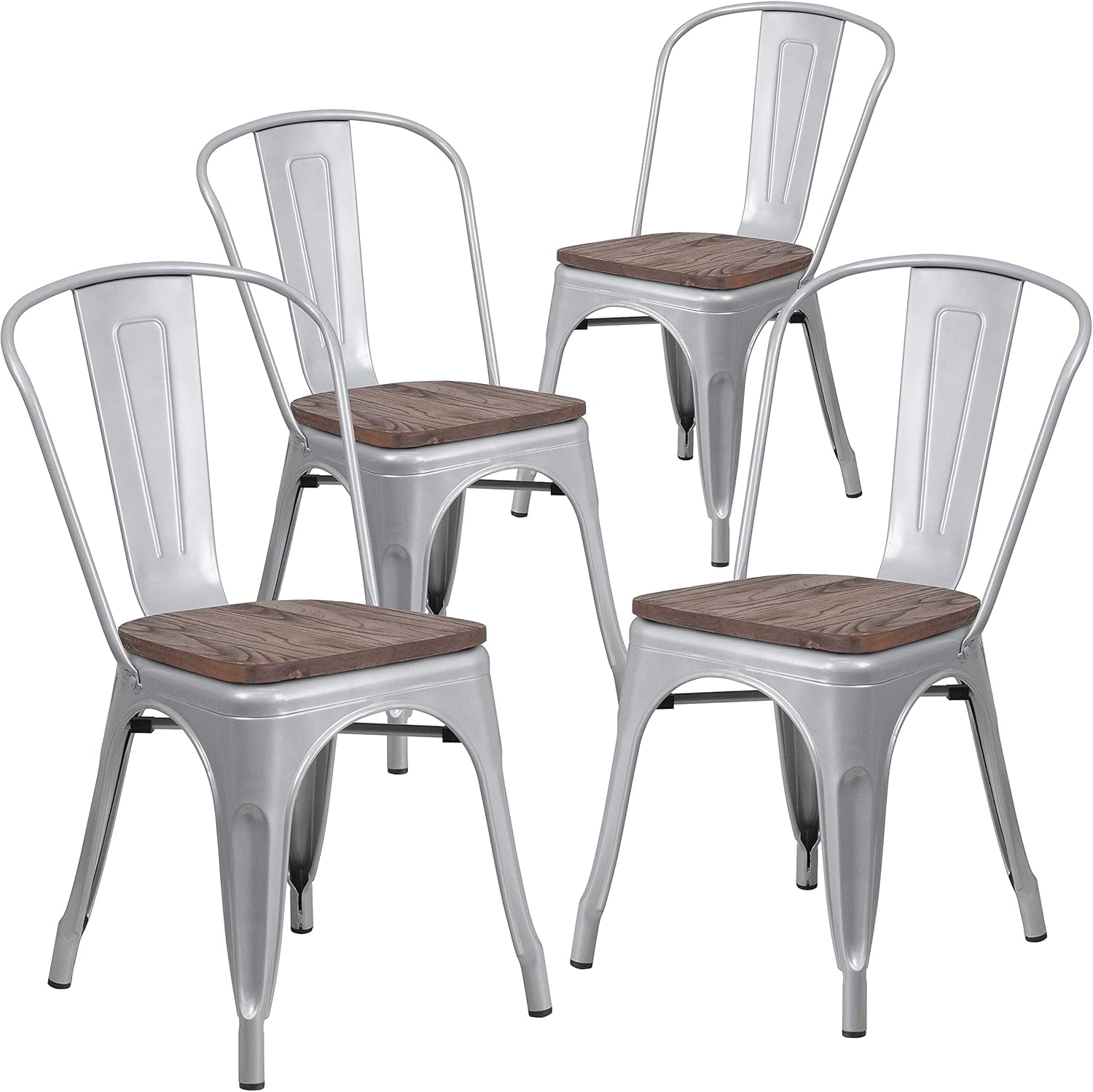 4 Pack Silver Metal Stackable Chair with Wood Seat - Walmart.com