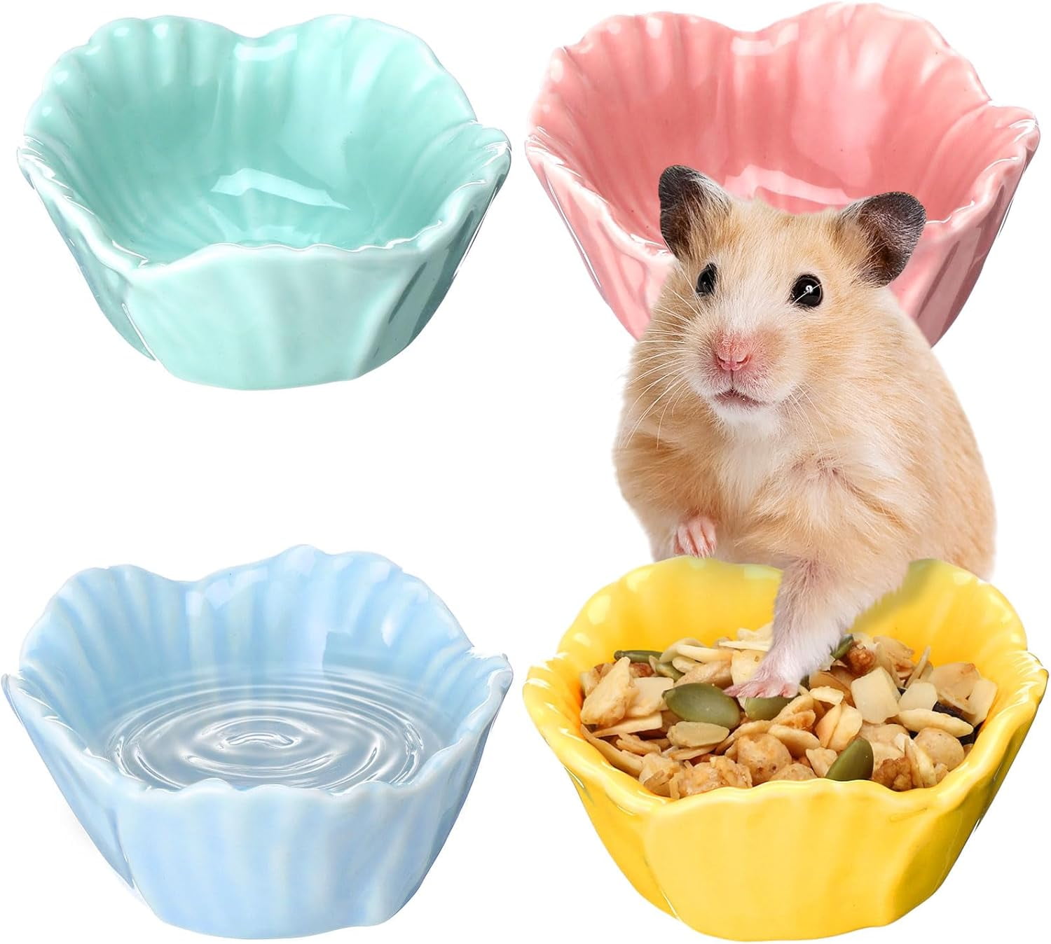 4 Pack Small Ceramic Pet Hamster Bowl, 2.68 x 2.68 x 1.38 Inch Flower ...