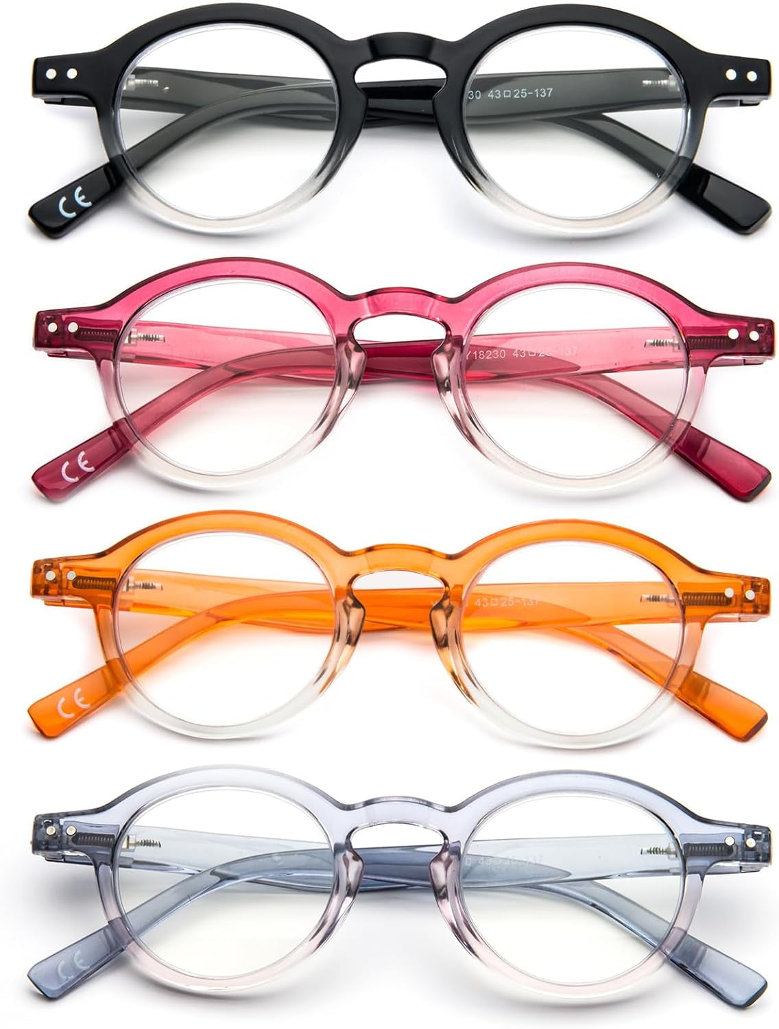 4-Pack Small Round Reading Glasses Comfortable Readers Colored Stylish ...