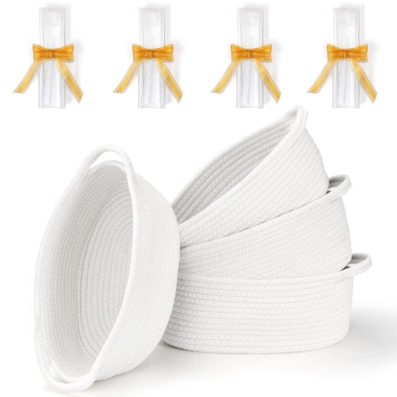 4 Pack Small Woven Basket with Handles, All 12"x 8"x 5", Cotton Rope ...