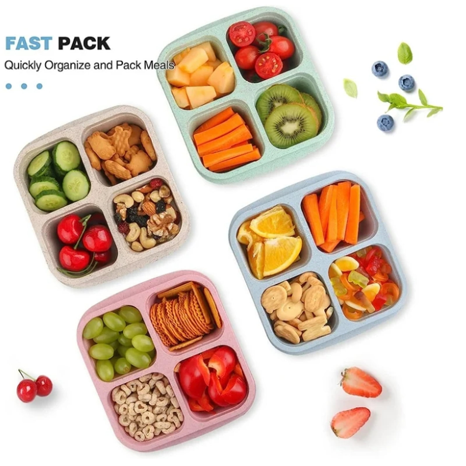 4 Pack Snack Containers 4 Compartments Bento Snack Box Reusable Meal ...