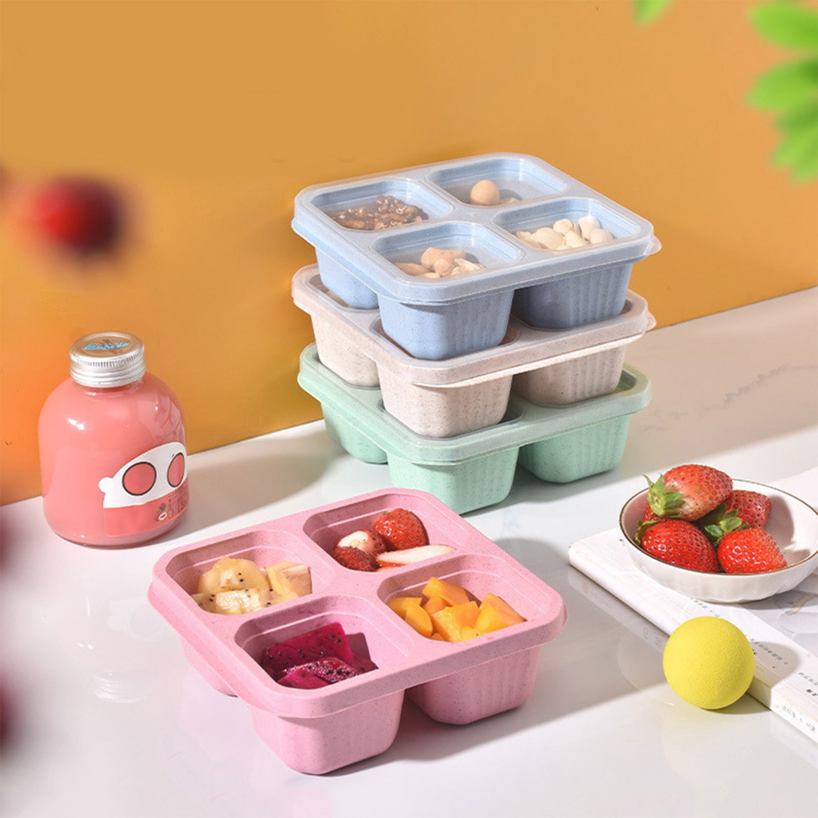 4 Pack Snack Containers,Divided Bento Snack Box,4 Compartments Reusable ...