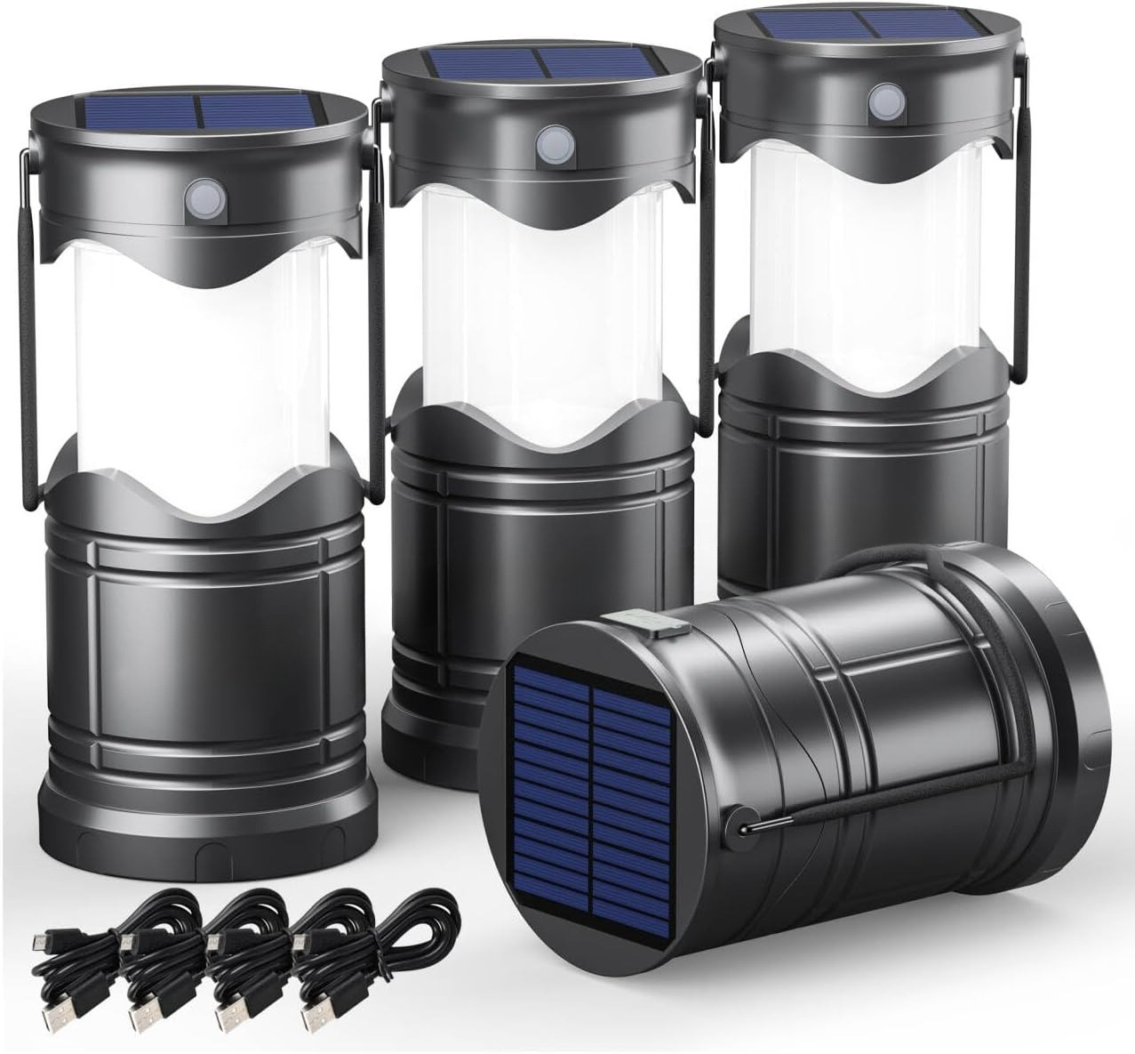 4-Pack Solar Camping Lantern, USB Rechargeable LED Lanterns Battery ...