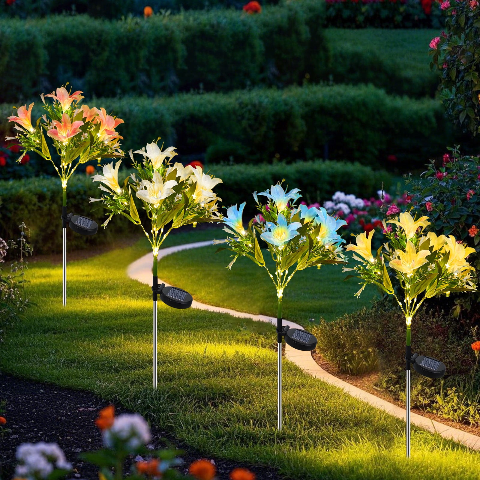 Rirool 4 Pack Solar Flower Lights Outdoor, 28 LED Waterproof Garden ...