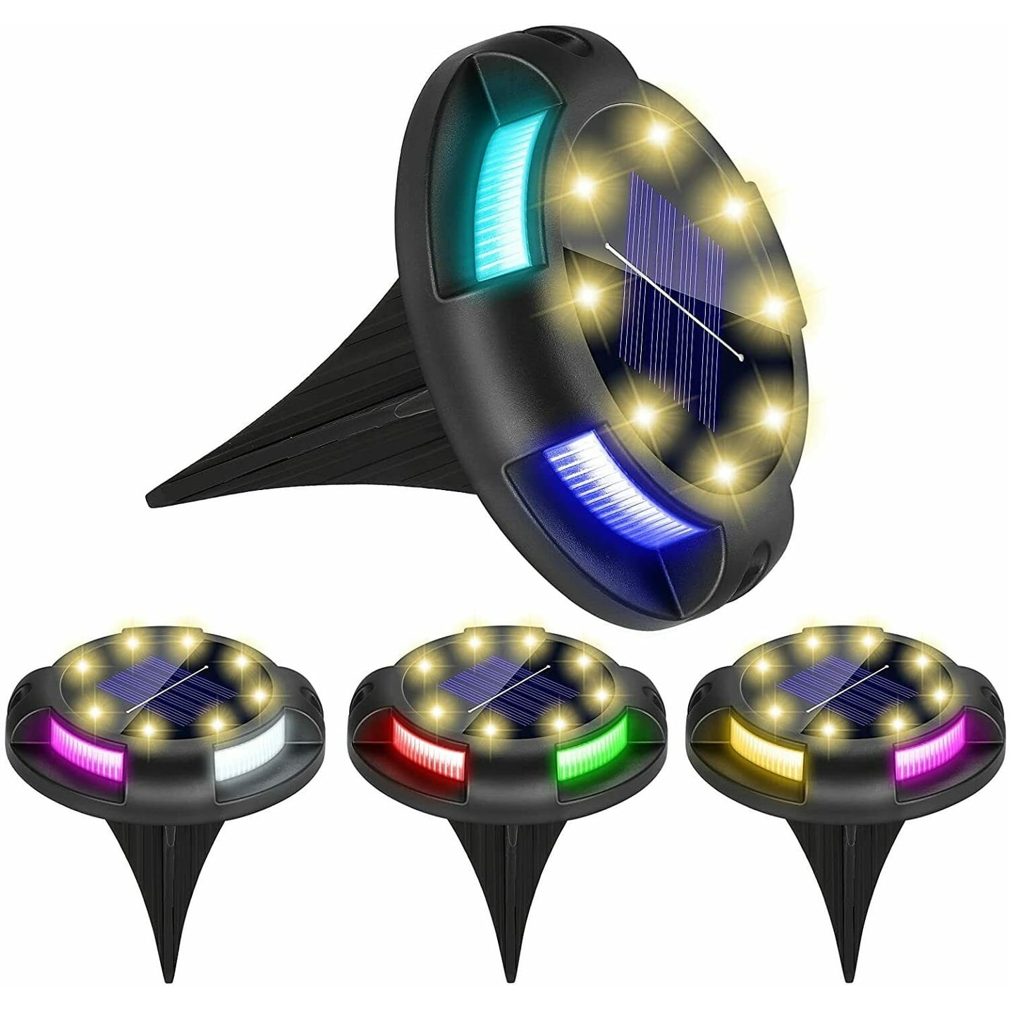 4 Pack Solar Ground Disk Lights for Pathway 12 LED Colorful, Warm White ...