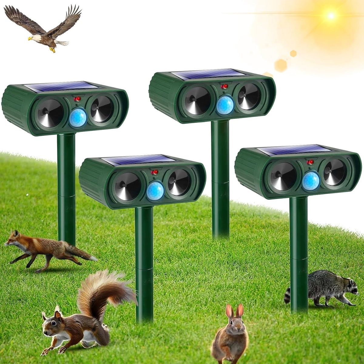4 Pack Solar - Powered Ultrasonic Animal Repeller, Keep Animals like ...