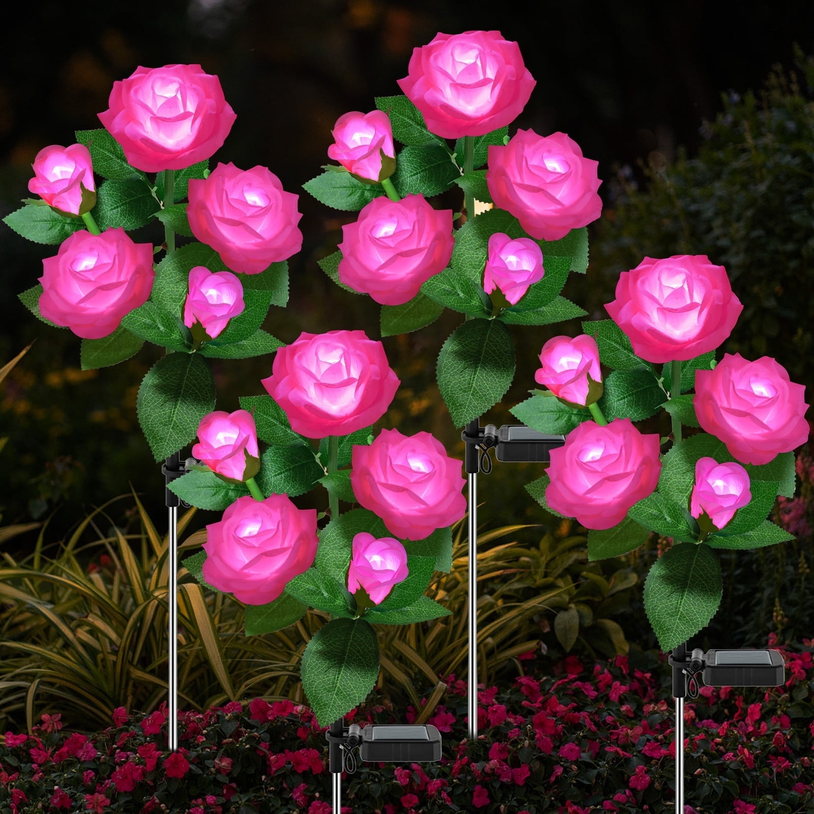 4 Pack Solar Rose Flower Lights, Outdoor Solar Garden Lights, LED ...