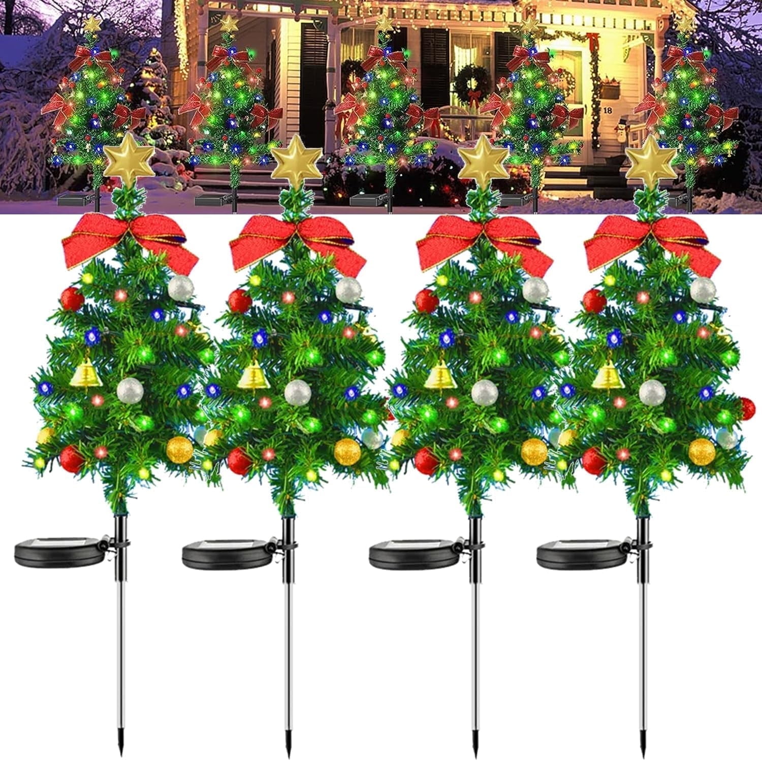 4 Pack Solar Small Christmas Trees Lights, LED Christmas Tree Outdoor ...