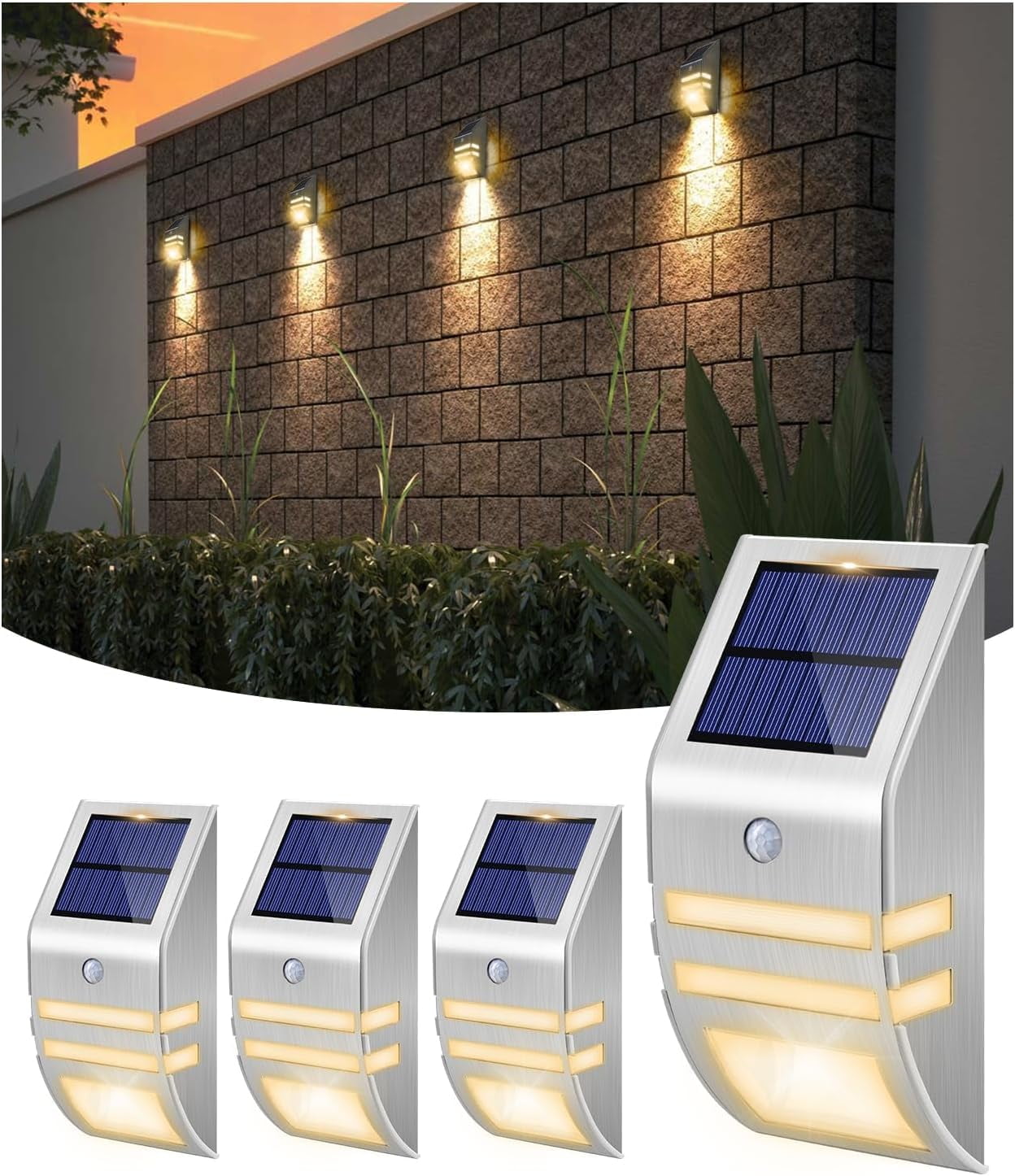 4 Pack Solar Wall Lights, Stainless Steels Outdoor Waterproof Motion ...