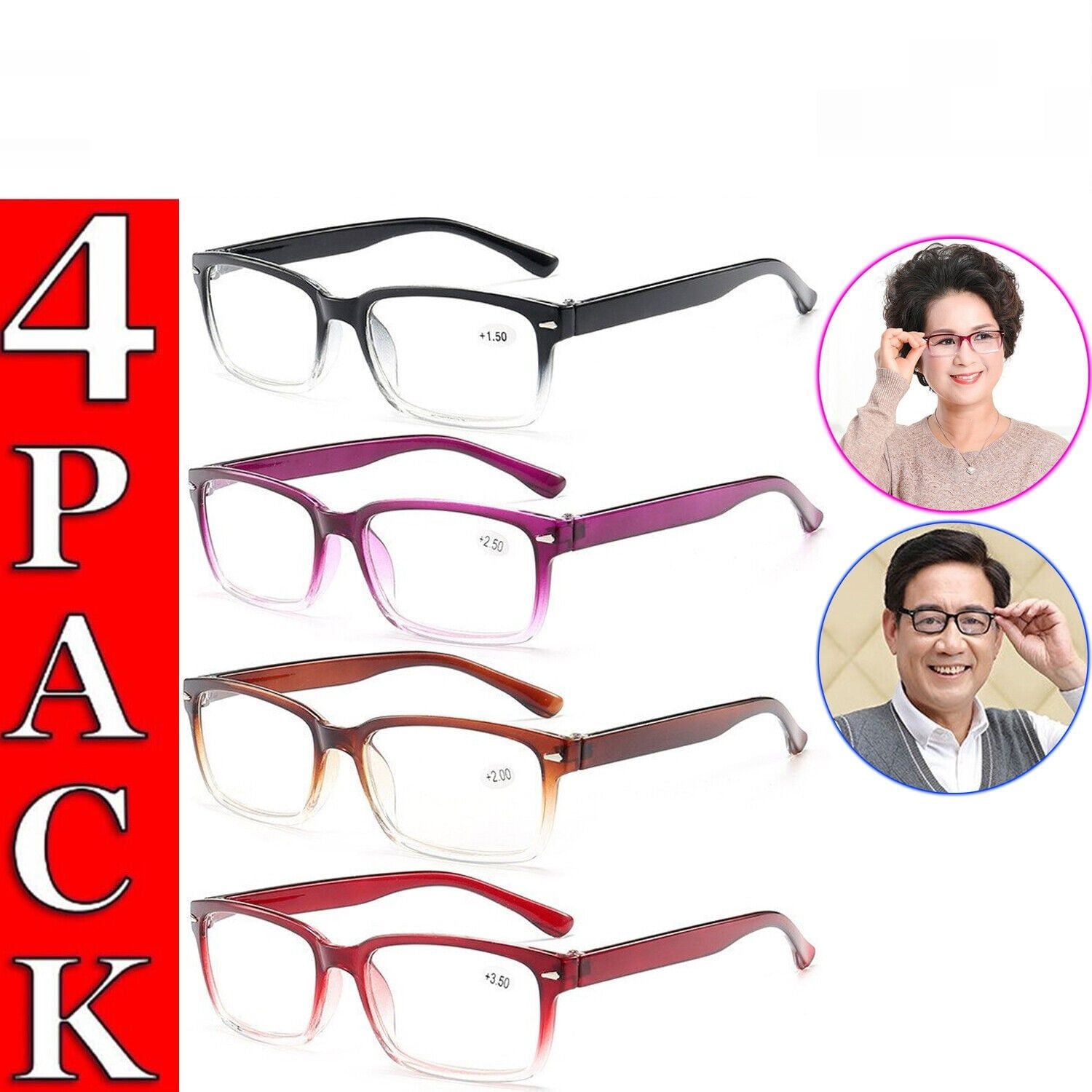 4 Pack Square Frame Reading Glasses, Lightweight Unisex Readers for Men ...