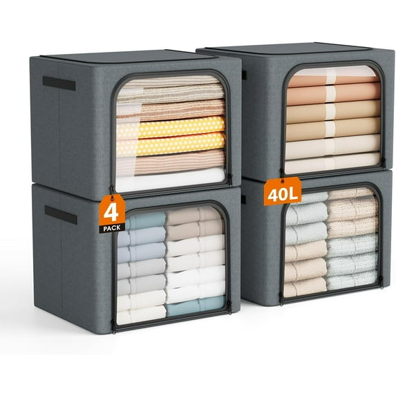 4 Pack Stackable Clothes Closet Storage Bins– 40L Fabric Storage ...