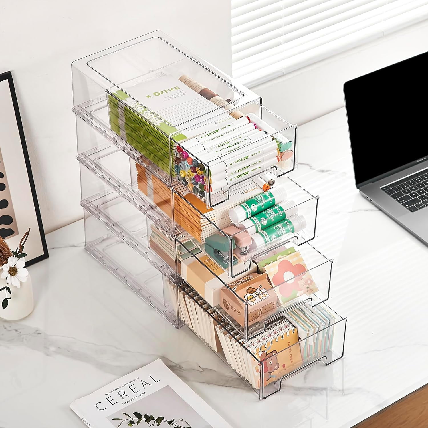 4 Pack Stackable Organizer Drawers, Clear Desk Storage Box,Transparent ...