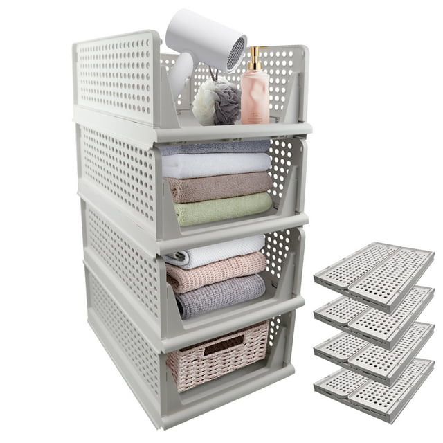 4 Pack Stackable Storage Bin for Cabinets, Foldable Clothes Drawer for ...