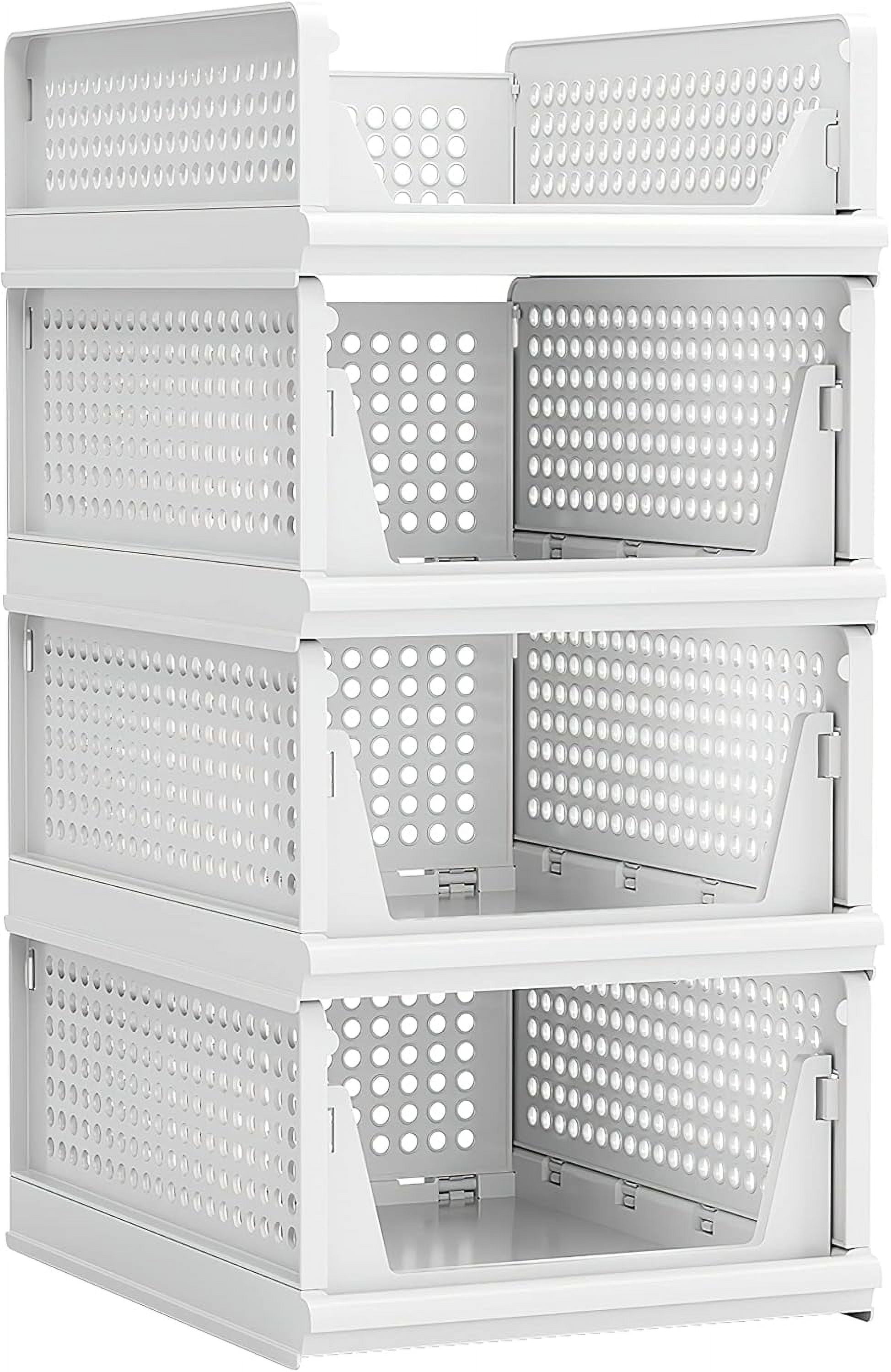 4 Pack Stackable Plastic Storage Basket Closet Organizer Bin Foldable ...