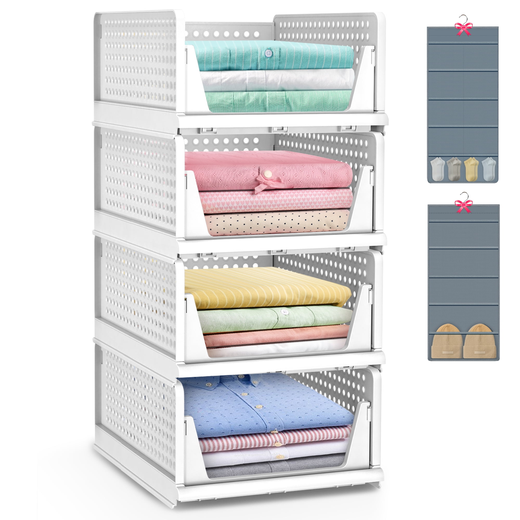 4 Pack Stackable Plastic Storage Basket with Free Hanging Closet ...