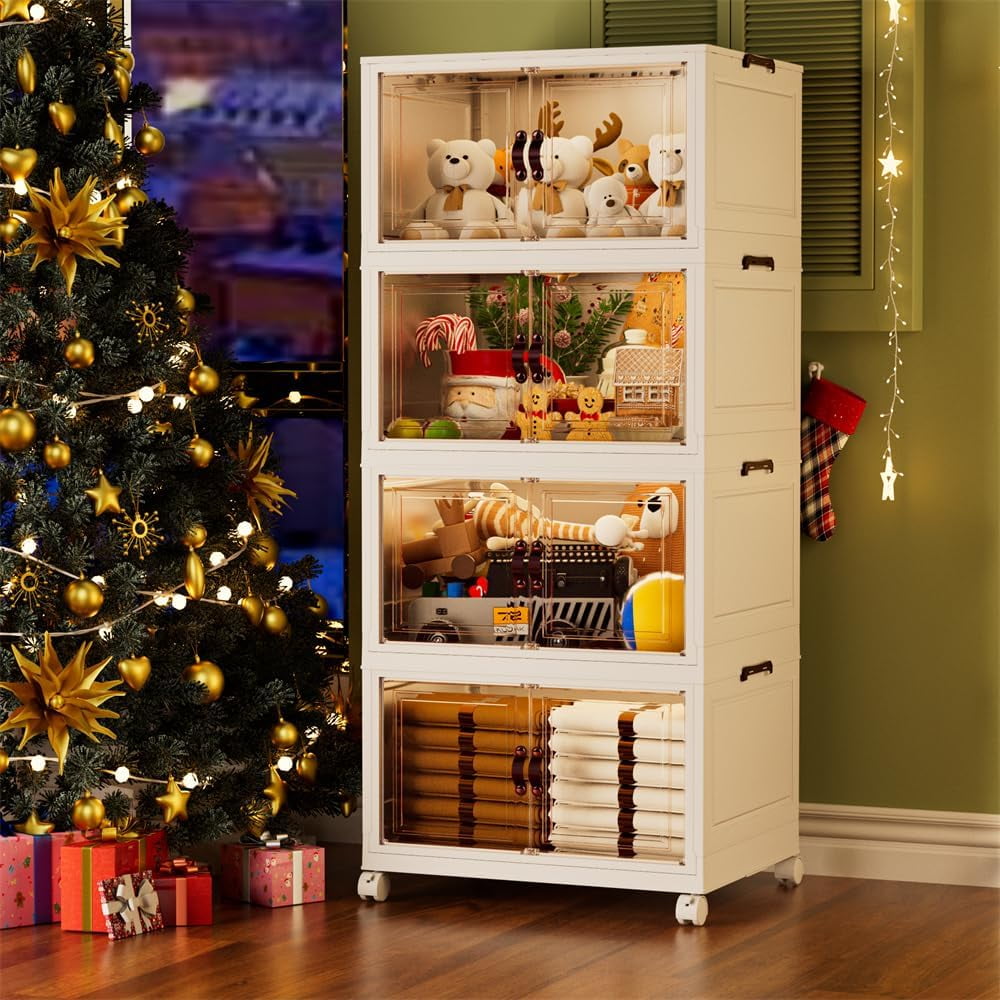 4-Pack Stackable Storage Bins with 1 Lid & Wheels, 120Gal 4-Tier Closet ...
