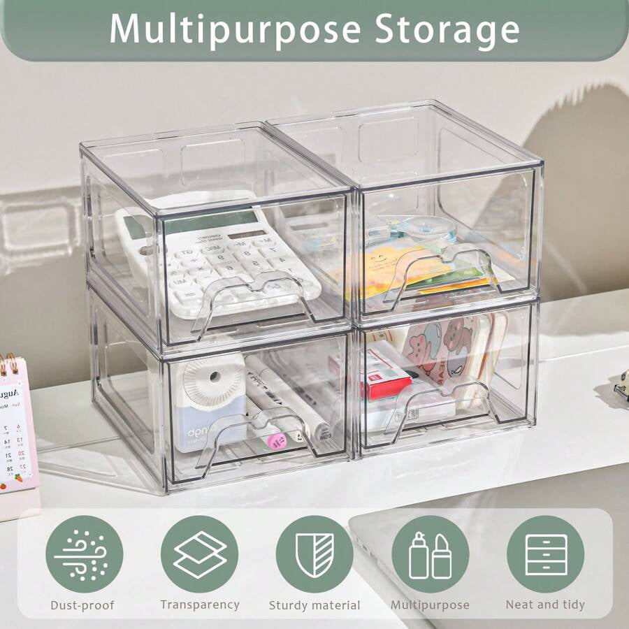 4 Pack Stackable Storage Drawers, Acrylic Bathroom Makeup Organizer and ...